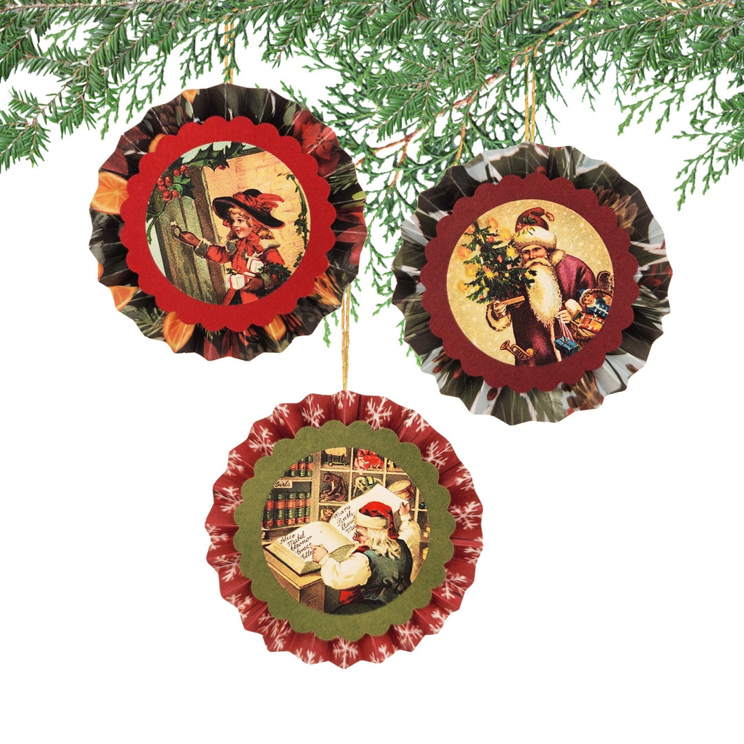 Rosette Paper Christmas Ornaments, Vintage Scene Christmas Ornaments ...