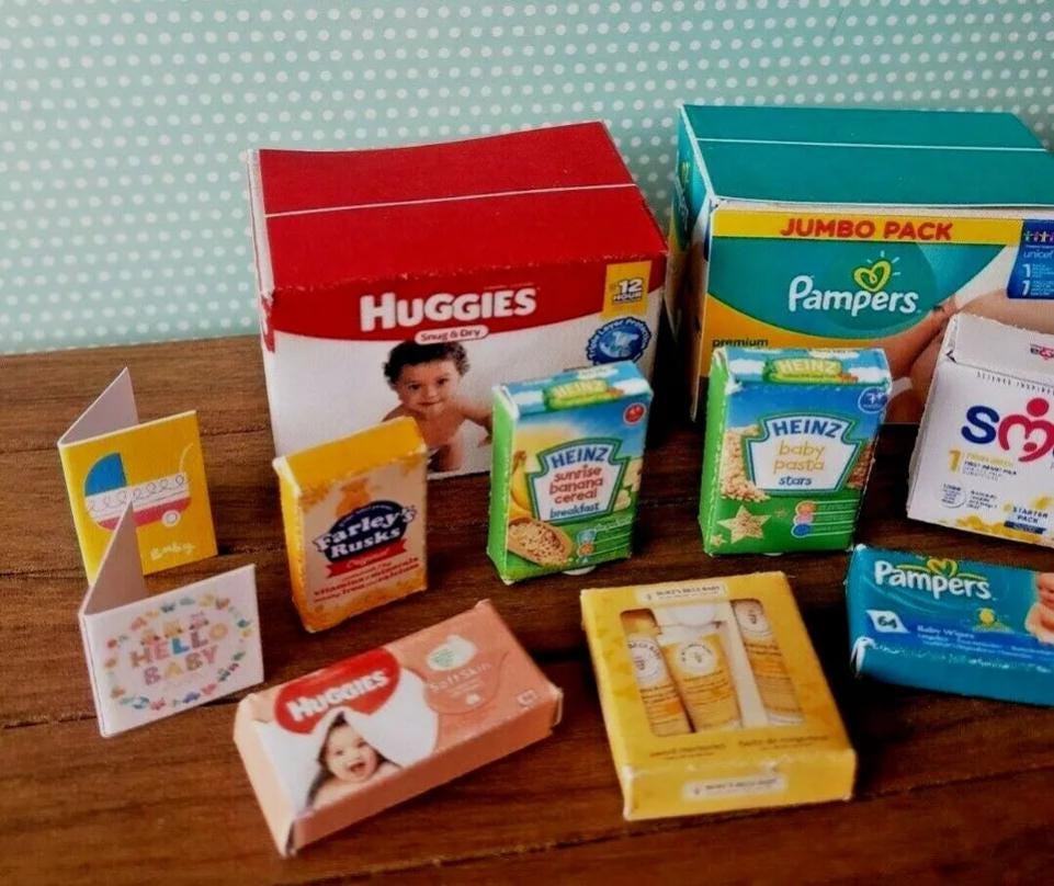 6th and 12th Scale Modern Baby Set Nappies Wipes Food Dollshouse ...