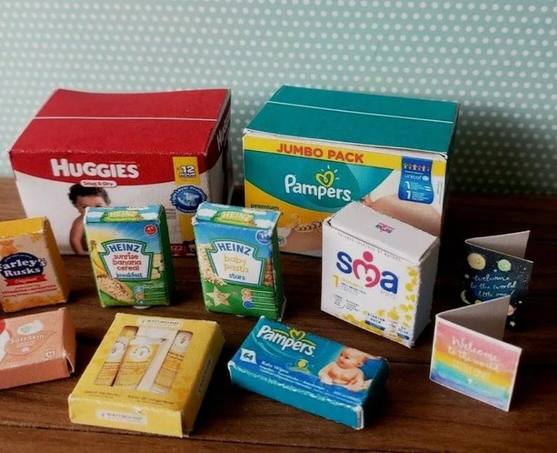 6th and 12th Scale Modern Baby Set Nappies Wipes Food Dollshouse ...