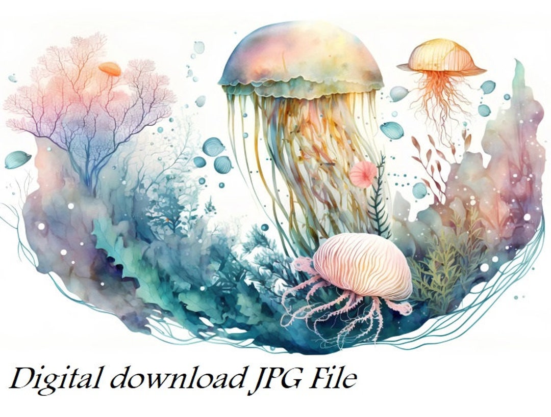 Jellyfish Printable, Jpgs, Digital Download, Watercolor Clipart, Card ...