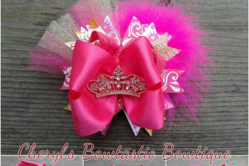 Stacked Tiara Bow Pageant Bow Over the top bow Pink & Gold | Etsy
