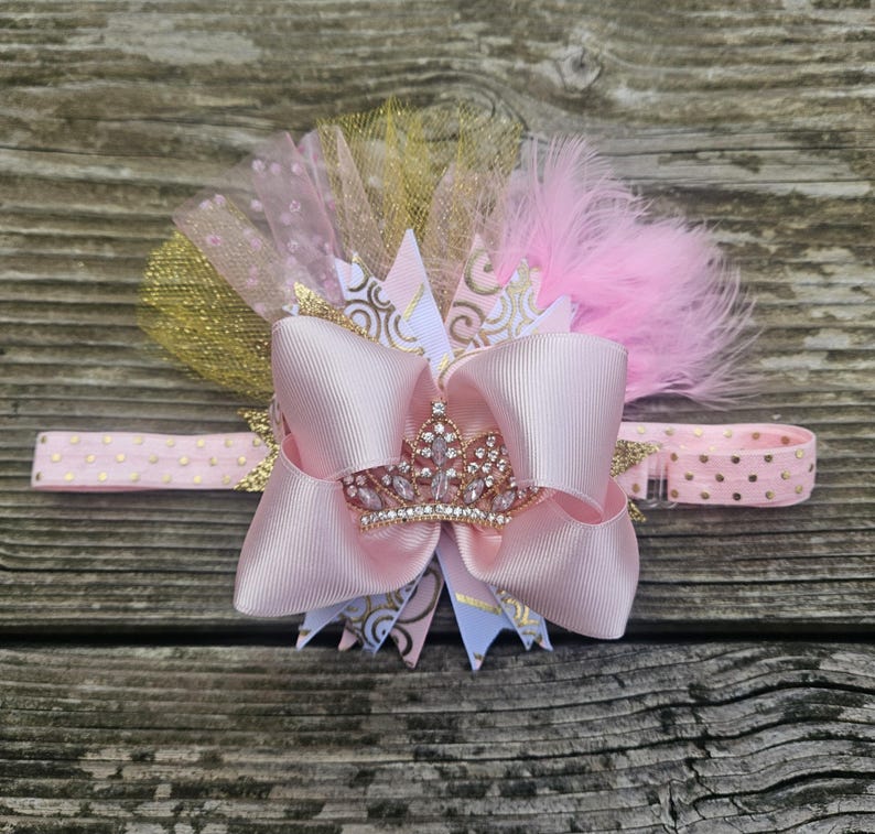Pink and Gold Tiara Bow, Feather Stacked Pageant Bow - Etsy
