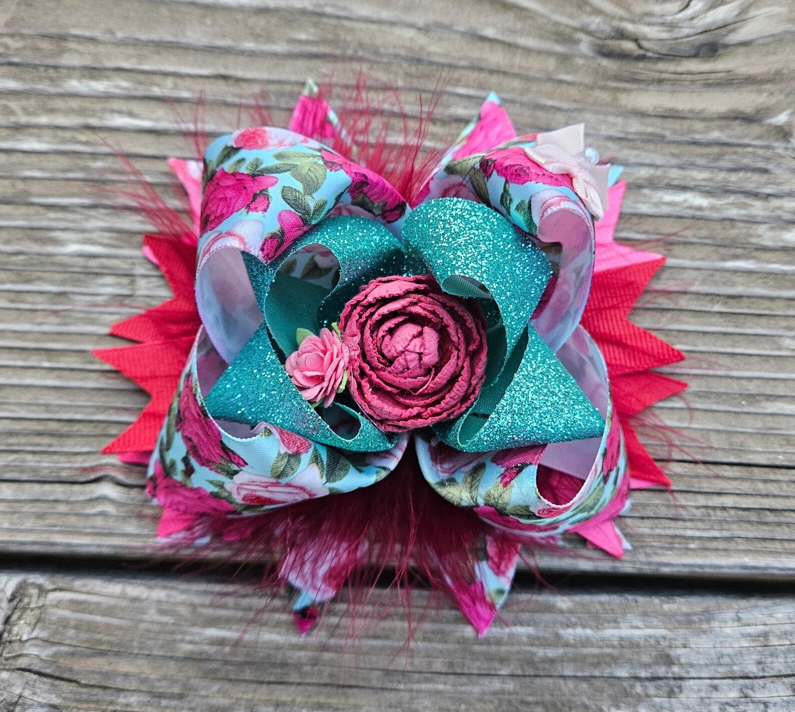 Aqua Stacked Hair Bow, Spring Flower Bow, Floral Bow, Spring Over the ...