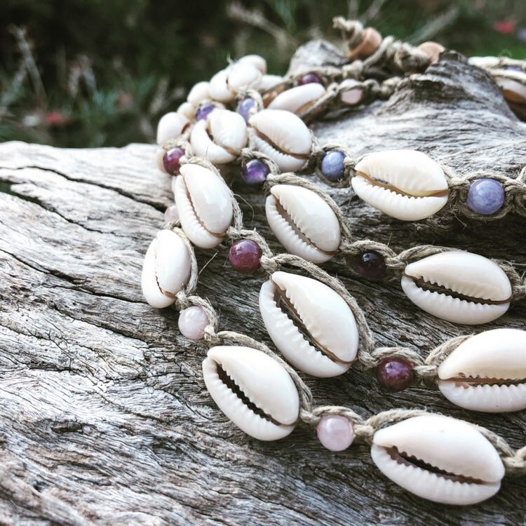 Handmade Hemp Macrame Shell Necklace with Cowrie Shells & Rose | Etsy