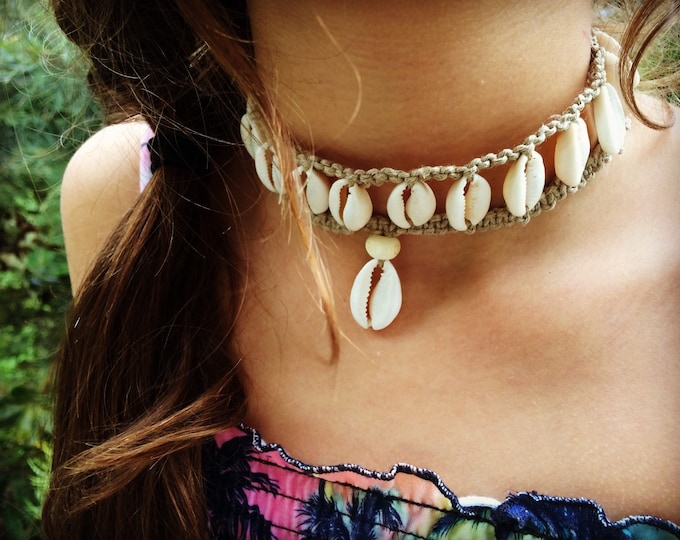 Handmade Hemp Shell Choker Necklace With Cowrie Shells, Bohemian Gypsy ...
