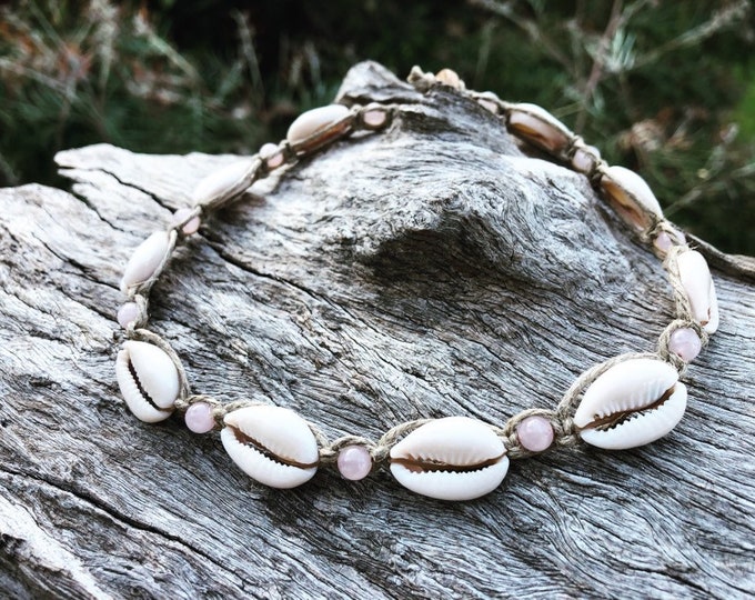 Handmade Hemp Macrame Shell Necklace with Cowrie Shells & Rose Quartz ...