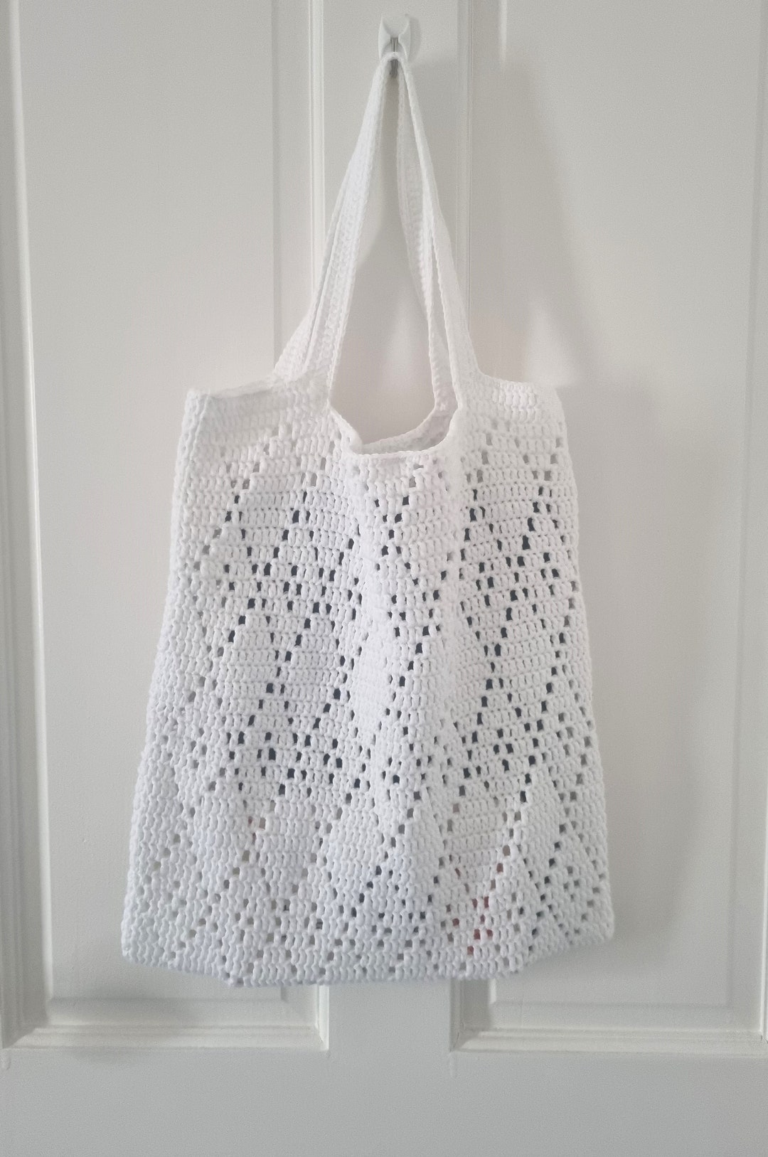 White Cotton Crochet Diamond Pattern Market Bag, Net / Mesh Book Tote ...