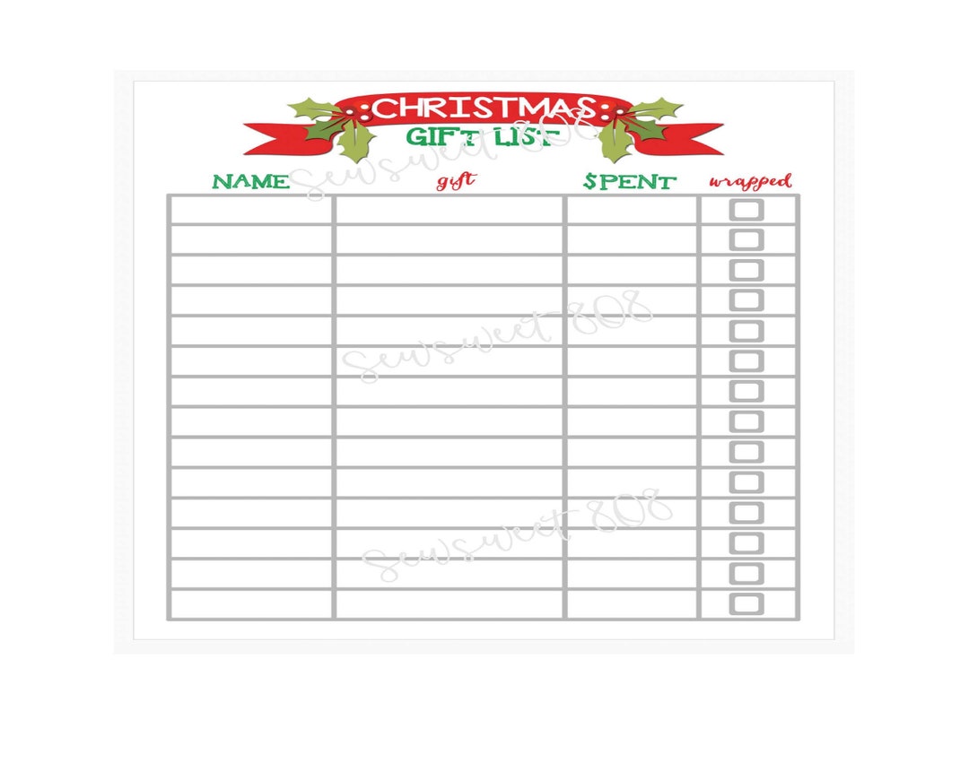 INSTANT DOWNLOAD Christmas Gift List PRINTABLE (Instant Download) - Etsy