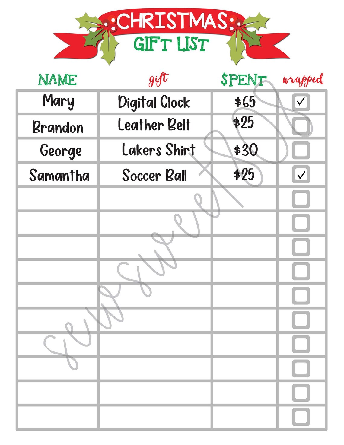 INSTANT DOWNLOAD Christmas Gift List PRINTABLE - Etsy