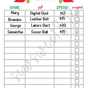 INSTANT DOWNLOAD Christmas Gift List PRINTABLE - Etsy