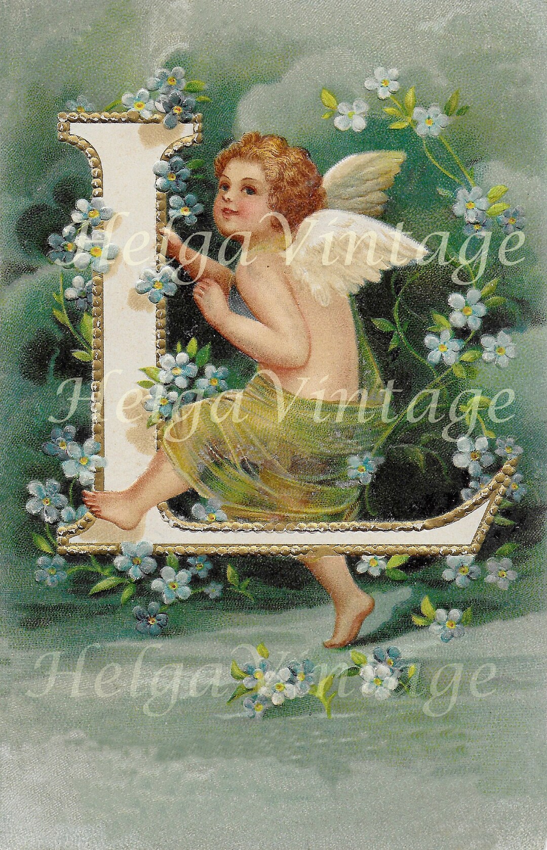 Antique Digital, Printable Lithographic Initial, Letter L, Angel, Putto ...