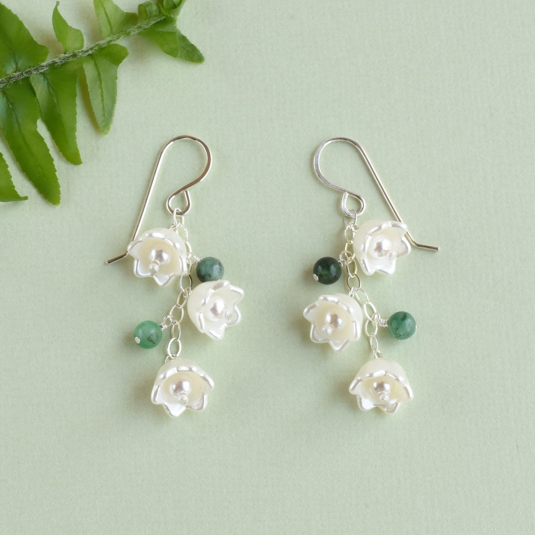 May Birth Flower Earrings, Natural Emerald Earrings, Lily of the Valley ...