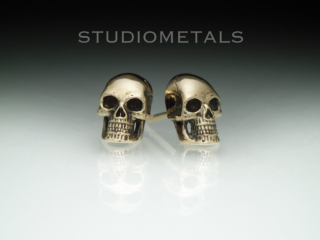 Solid Gold Skull Stud Earrings, 14K Realistic Skull Earrings, 10mm Large Full Skull Studs, Gift ...