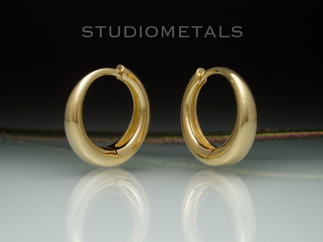 Solid 18K Gold Hoop Earrings: 16mm by 4mm, Tapered, Handmade Medium ...