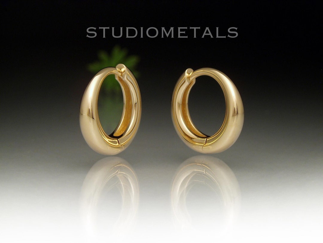 Solid 14K Gold Hoop Earrings, 14mm Tapered Hoop Earrings, Chunky Hoop ...