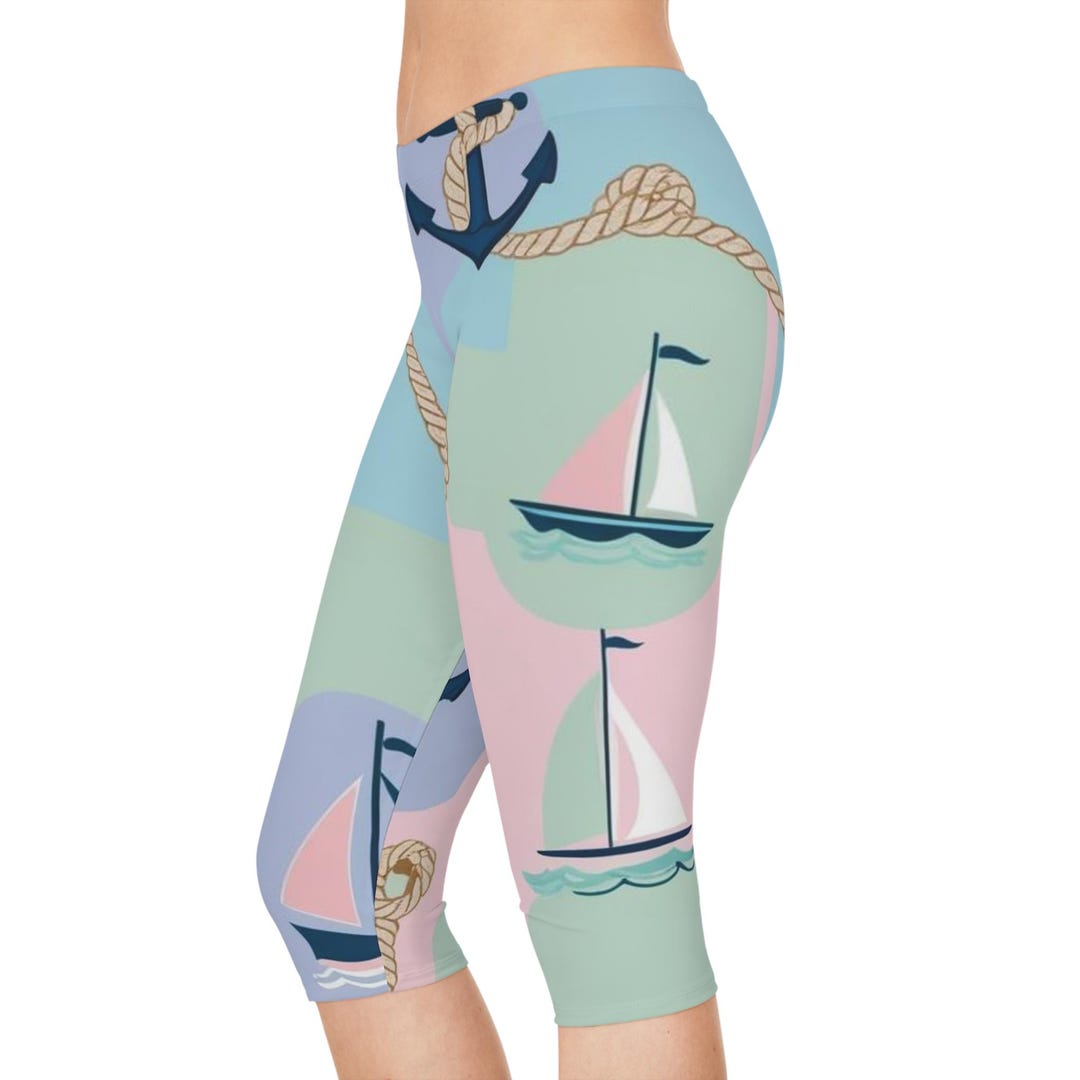 Cute Vacation Outfit Idea, Nautical Boat Print Leggings, Blue Yoga ...