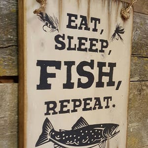 Eat, Sleep, Fish, REPEAT, Rustic, Western, Lodge, Antiqued, Wooden Sign ...