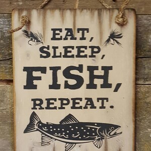 Eat, Sleep, Fish, REPEAT, Rustic, Western, Lodge, Antiqued, Wooden Sign ...
