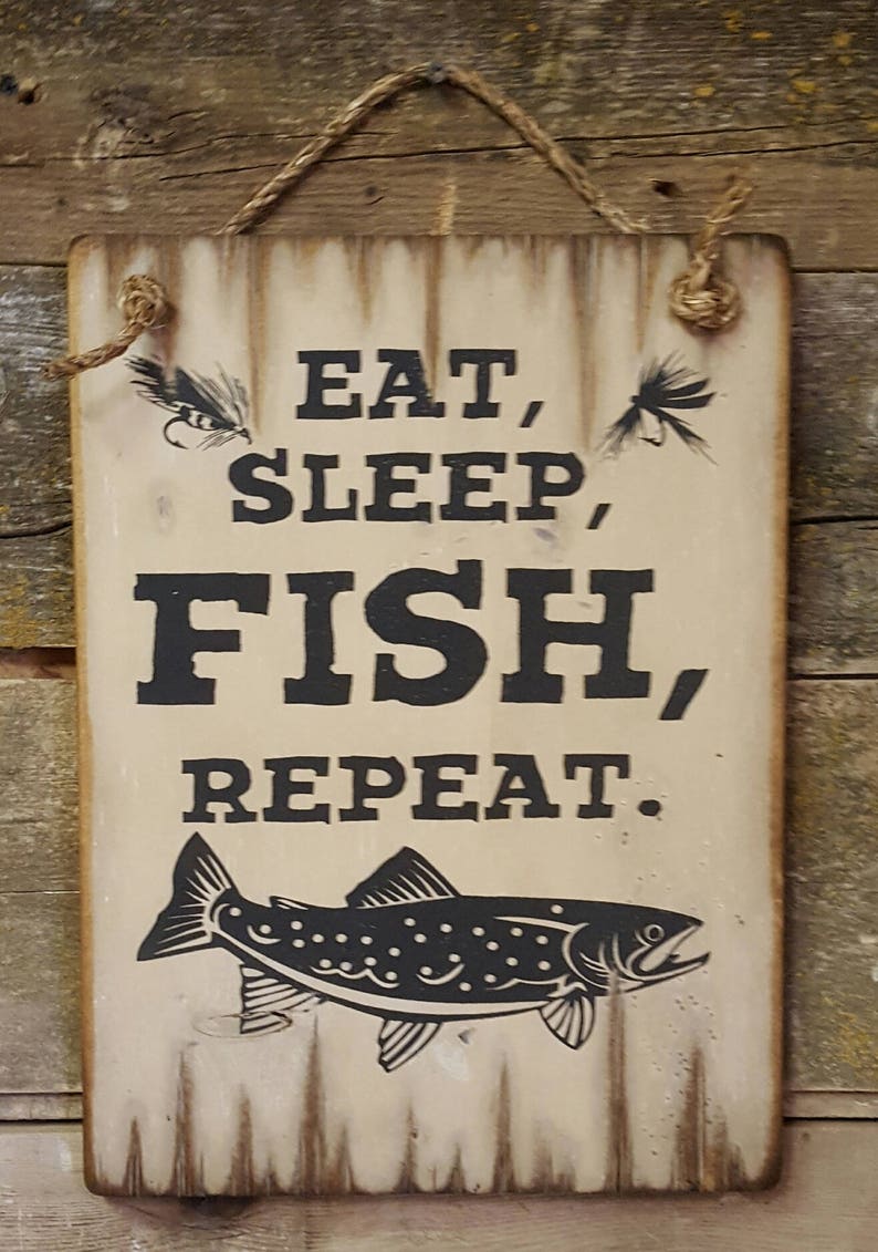Eat, Sleep, Fish, REPEAT, Rustic, Western, Lodge, Antiqued, Wooden Sign ...
