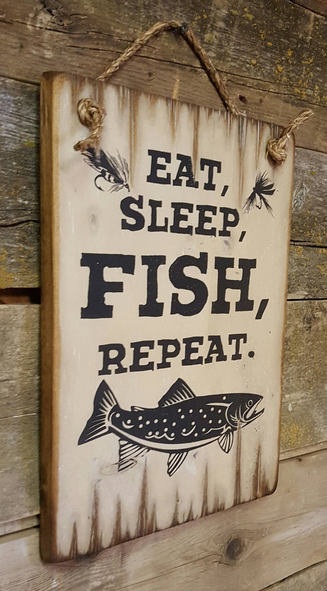 Eat, Sleep, Fish, REPEAT, Rustic, Western, Lodge, Antiqued, Wooden Sign ...