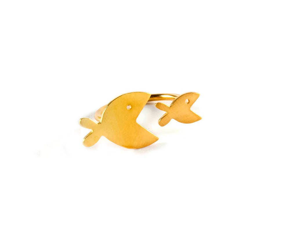 Two Fishes Open Ring Sterling Silver Yellow Gold Plated Adjustable Band ...