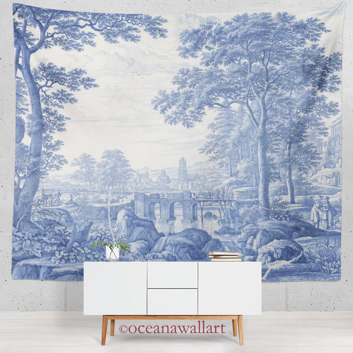 Vintage Tapestry Wall Hanging Bluetapestry Toile De Jouy - Etsy