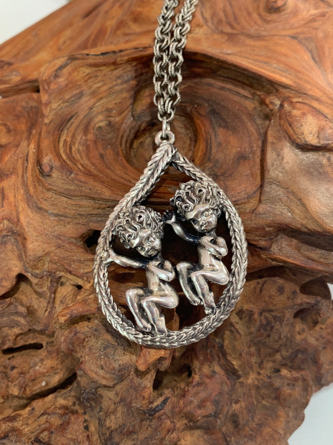 Vintage Tortolani Signed Old Silver Zodiac Gemini Pendant/necklace ...