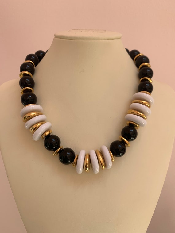Vintage Napier chunky black and white rondelle Lucite… - Gem Vintage Napier chunky black and white rondelle Lucite… - Gem