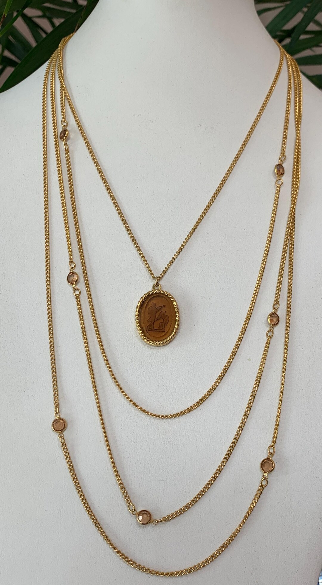 Goldette Signed Cognac Color Intaglio Venus & Cupid Pendant, Four Chain ...