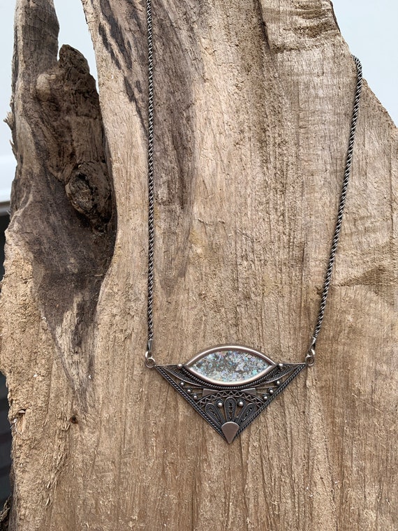 Sterling Silver Filigree Roman Glass Necklace! Vintag… - Gem