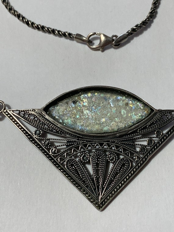 Sterling Silver Filigree Roman Glass Necklace! Vintag… - Gem