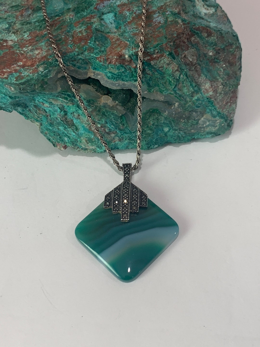 HAN Italy Banded Green Lace Agate and Marcasite in Sterling Silver ...