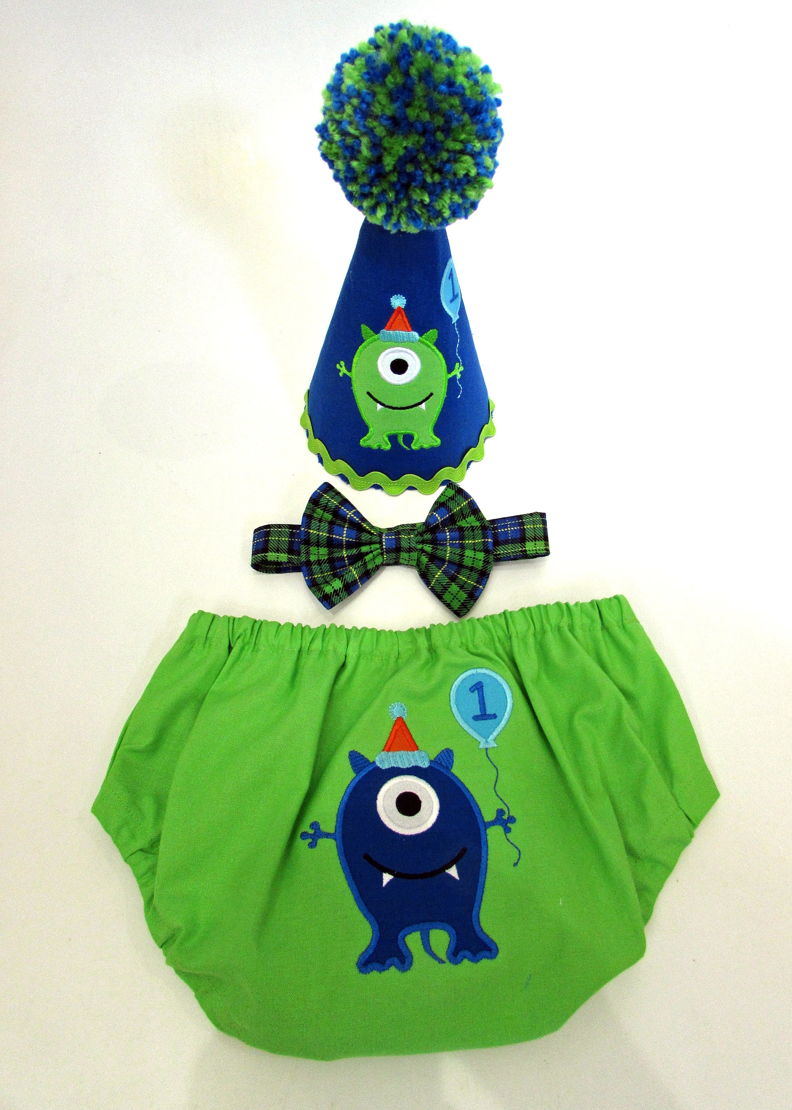 Boys Cake Smash Outfit, Monster Party Birthday Hat & Bow Tie, Diaper ...