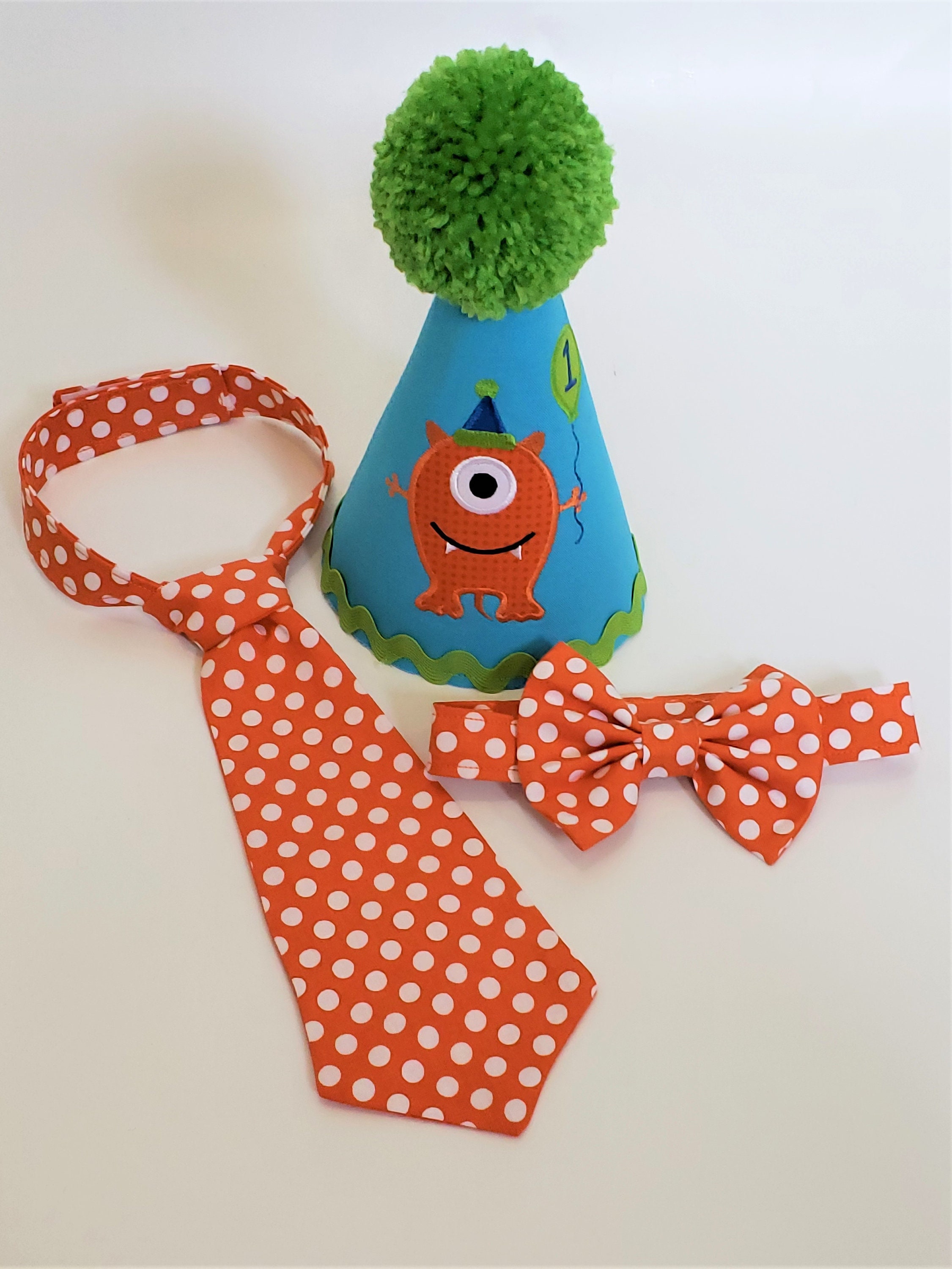 Boys Cake Smash Outfit, Monster Party Birthday Hat & Bow Tie, Diaper ...