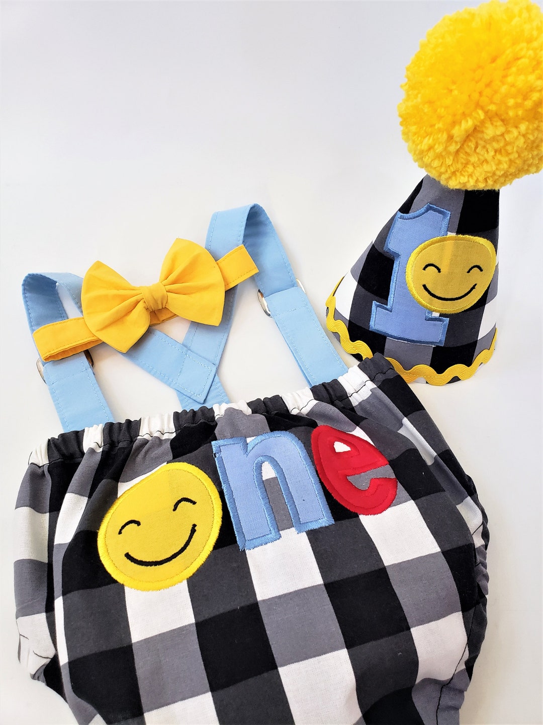 First Birthday Cake Smash Outfit Smiley Face Emoji Happy Baby Buffalo ...