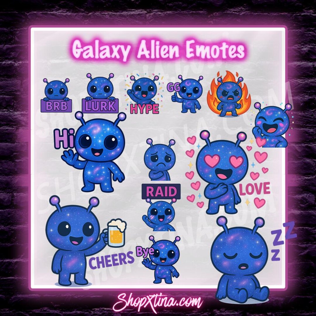 Galaxy Alien Twitch Emotes: Hype, Love, Raid & More (13 PNG Set) - Etsy