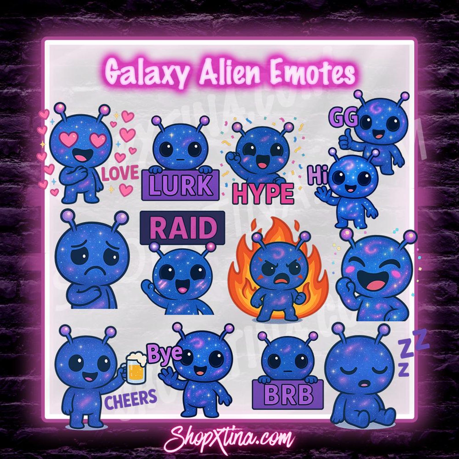 Galaxy Alien Twitch Emotes: Hype, Love, Raid & More (13 PNG Set) - Etsy
