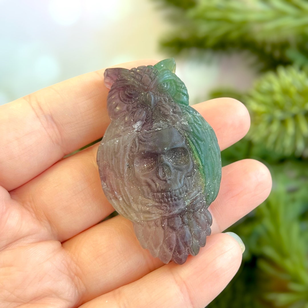 Rainbow Fluorite Owl & Human Skull Crystal - Carved Stone Cabochon ...