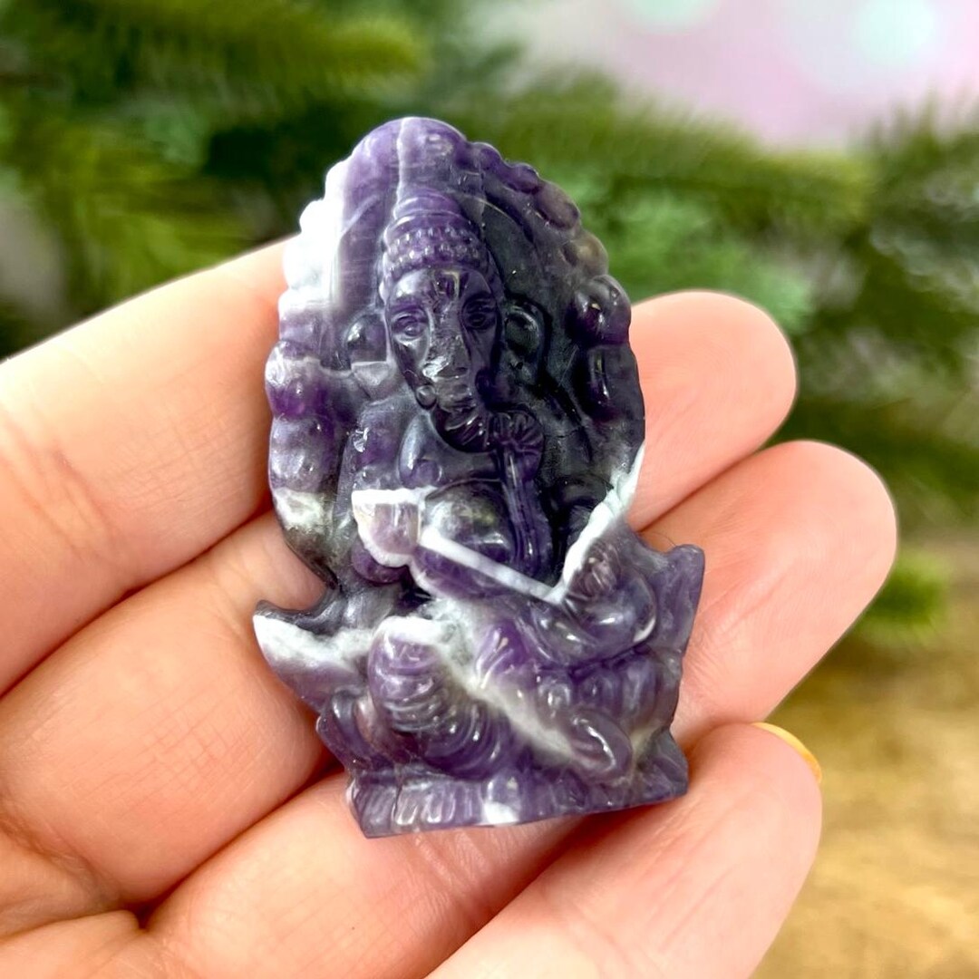 Lord Ganesha Amethyst Statue - Natural Carved Stone Cabochon - Ganesh ...
