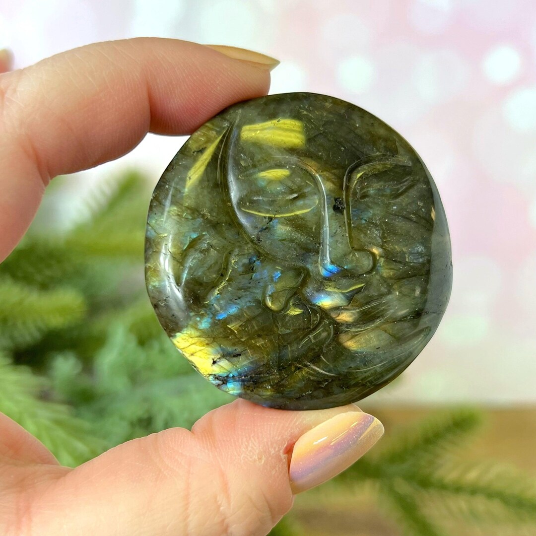Labradorite Sun & Moon Carved Stone Cabochon, Natural Crystal Gemstone ...