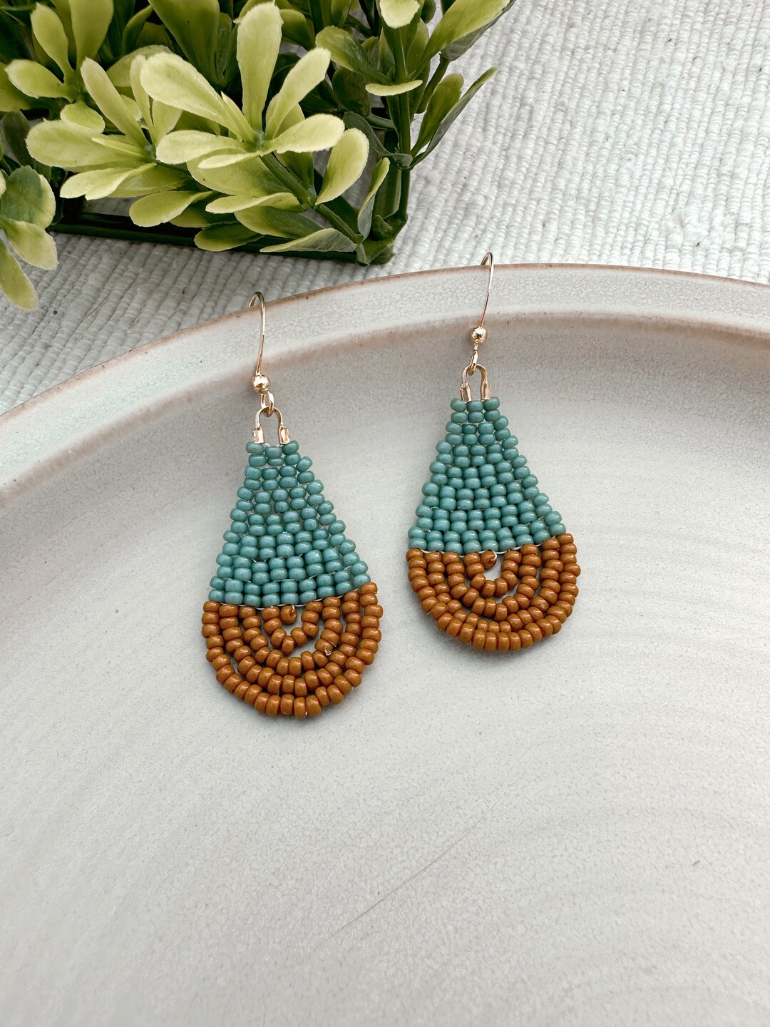 Denim Blue & Sepia Colorblock Teardrop Woven Seed Bead Earrings - Etsy