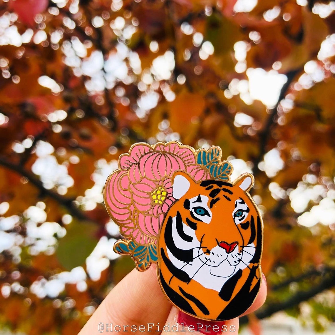 Tiger and Peonies Enamel Pin_tiger_horsefiddlepress_illustration_tiger ...
