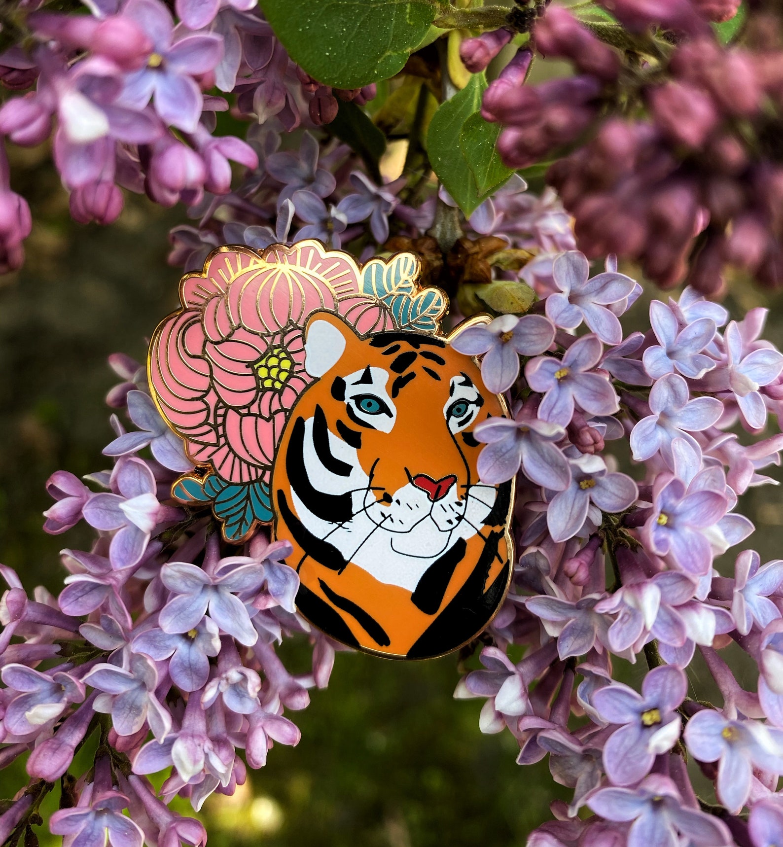 Tiger and Peonies Enamel Pin_tiger_horsefiddlepress_illustration_tiger ...