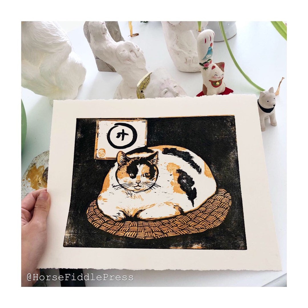 Round Cat Original Woodcut Print_woodcut_cat_printmaking_illustration ...