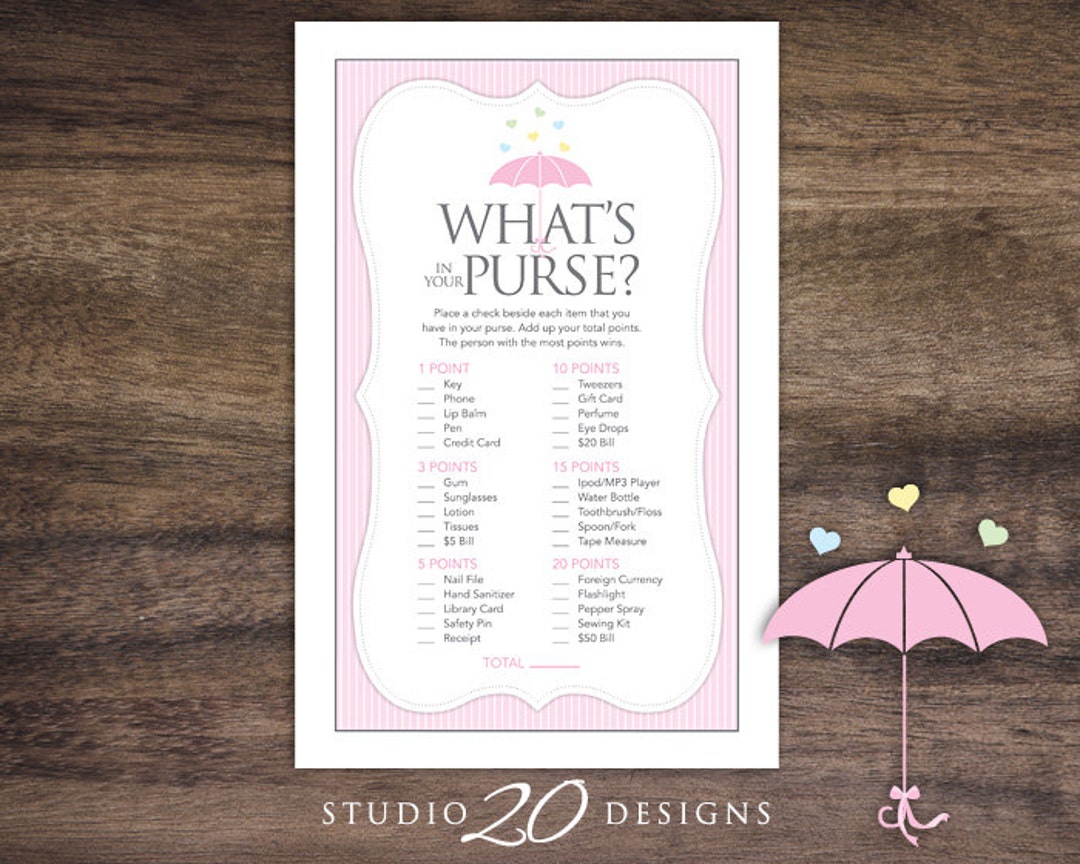 Instant Download Pink Umbrella What's in Your Purse Baby Sprinkle Game ...