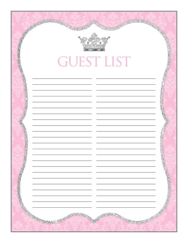 Instant Download Pink Princess Guest List Printable Pink | Etsy