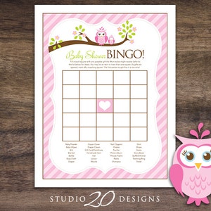 Instant Download Pink Owl Baby Bingo Game, Pink Brown Green Owl Baby ...