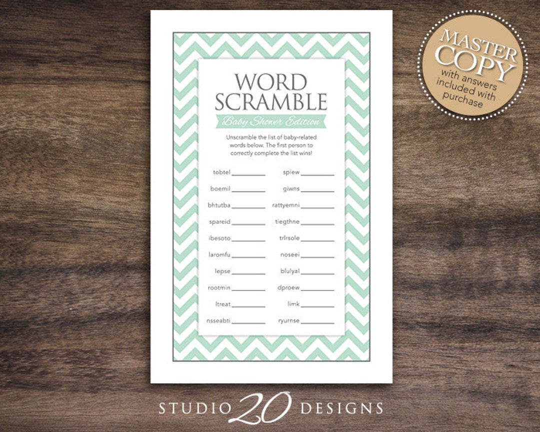 Instant Download Mint Chevron Word Scramble, Mint Green Baby Shower ...
