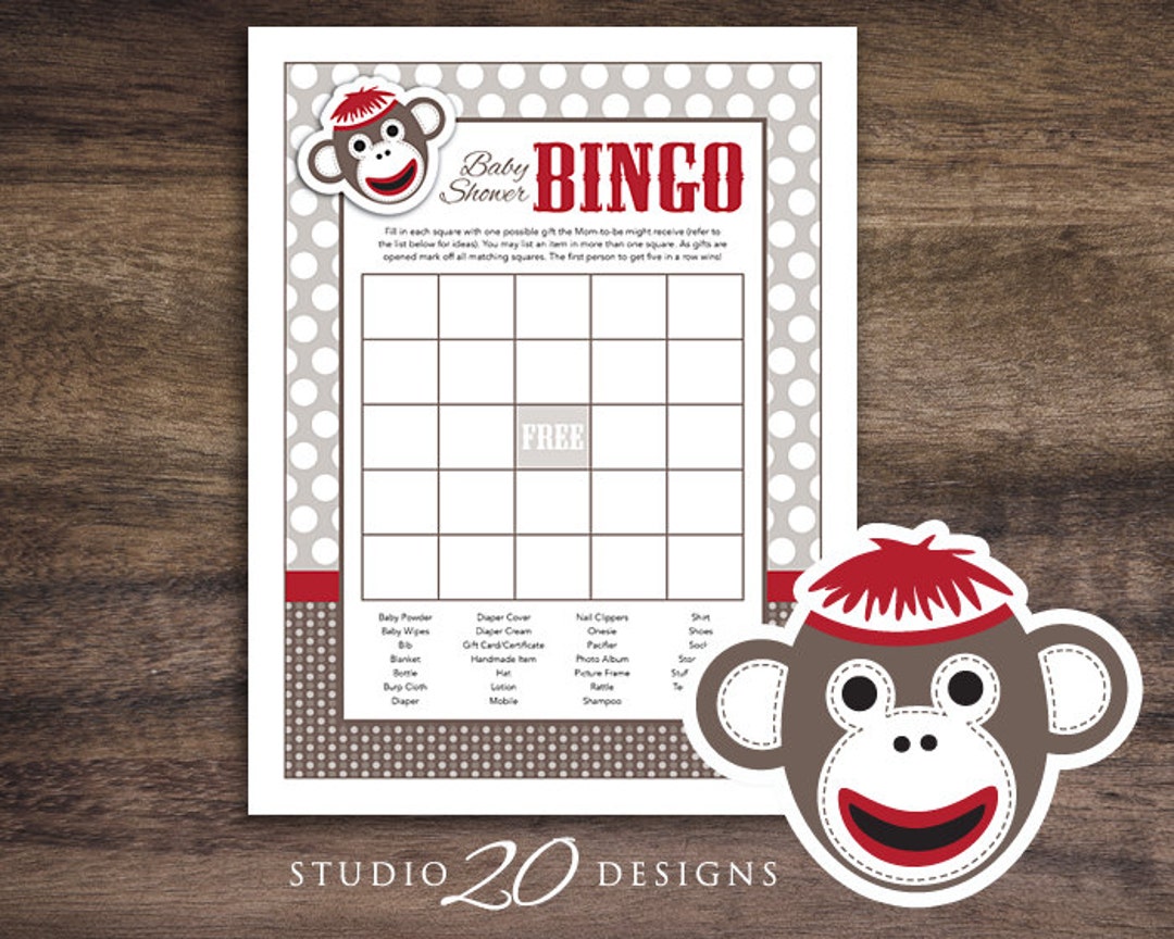 Instant Download Sock Monkey Baby Shower Games, Monkey Bingo Game Cards ...