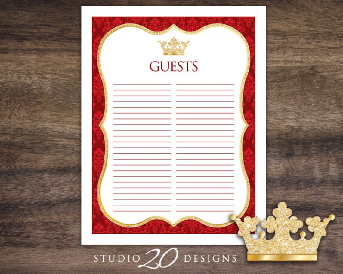Instant Download Royal Red Prince or Princess Guest List, Gold Glitter ...